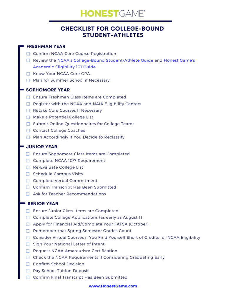 CHECKLIST FOR COLLEGE-BOUND STUDENT-ATHLETES - Honest Game